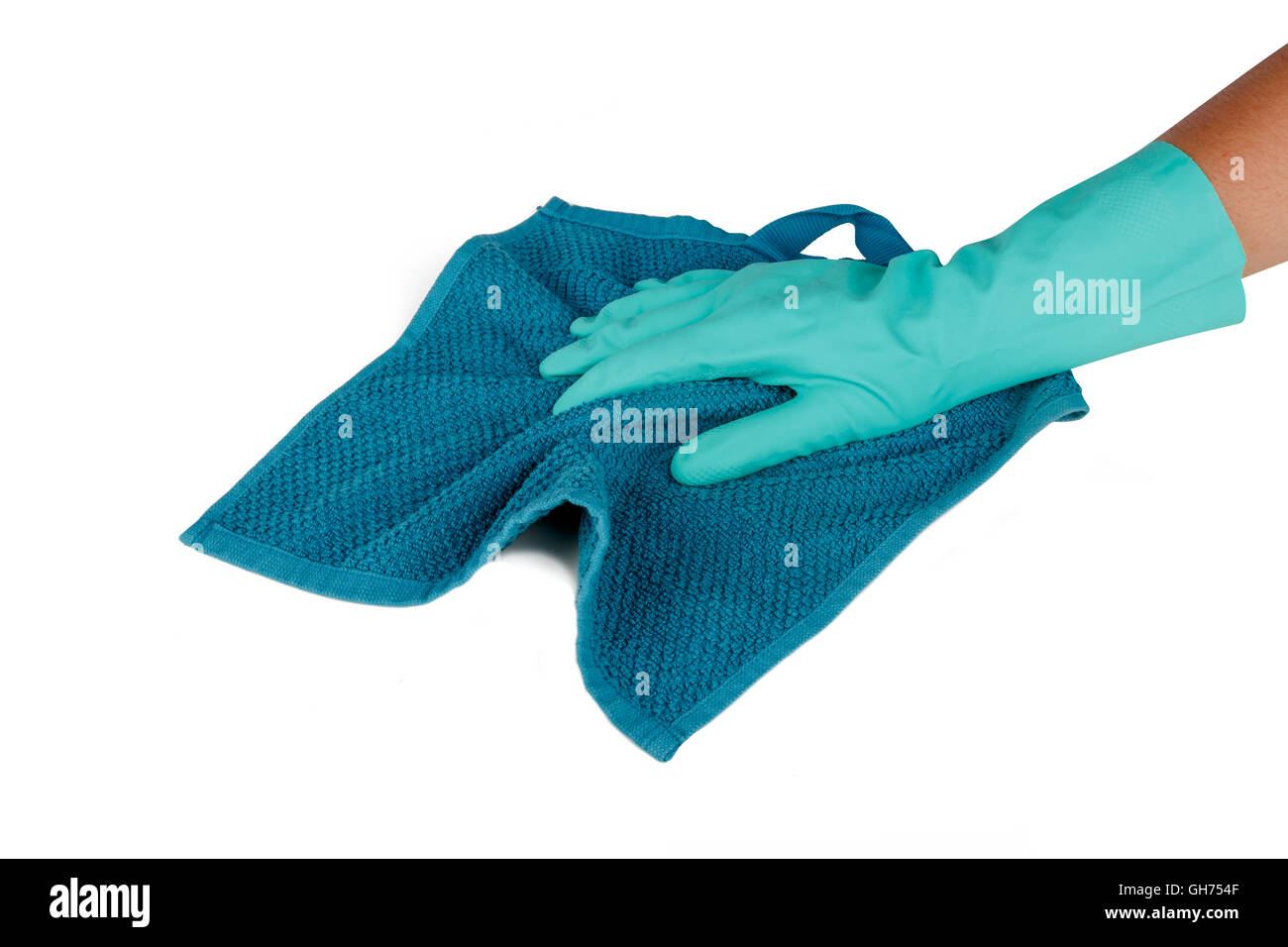 Hand with kitchen gloves holding wipe fabric for cleaning, isolated on ...