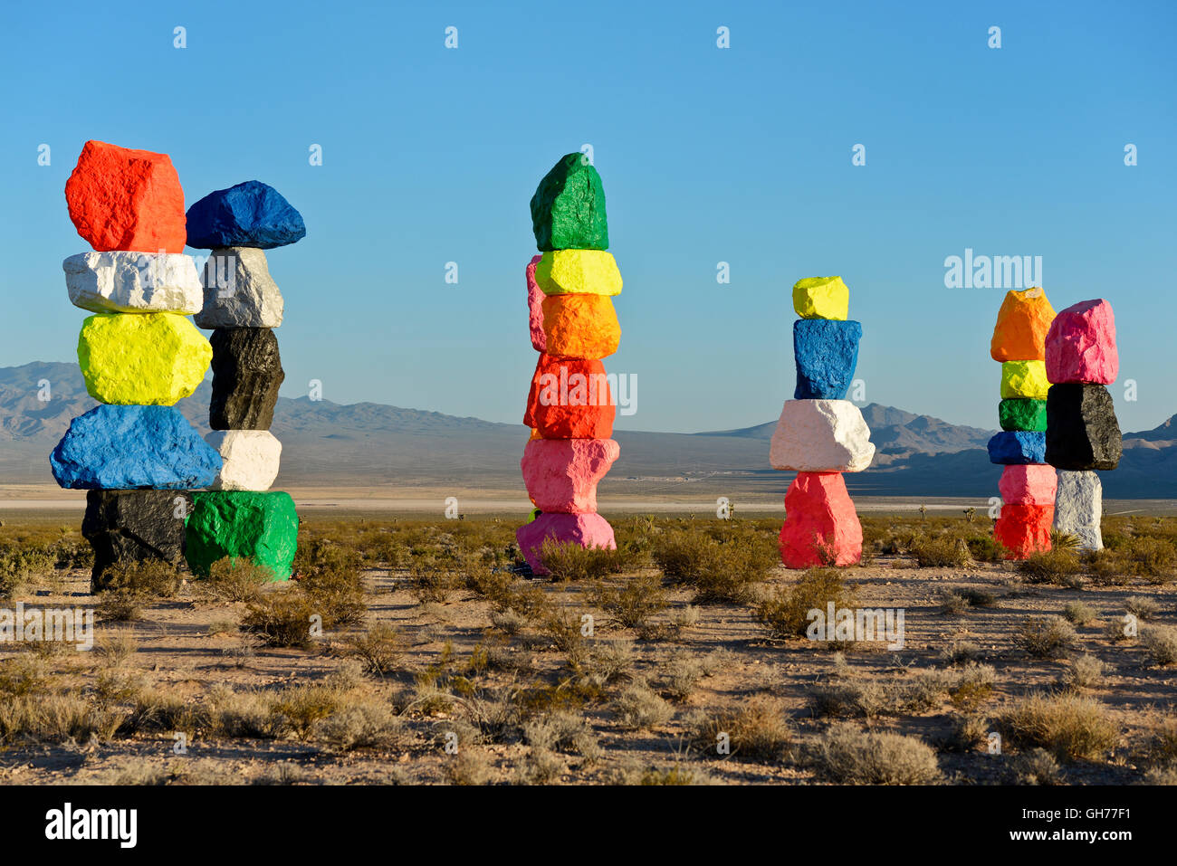 Swiss artist Ugo Rondinone’s Seven Magic Mountains, On interstate 15 ...