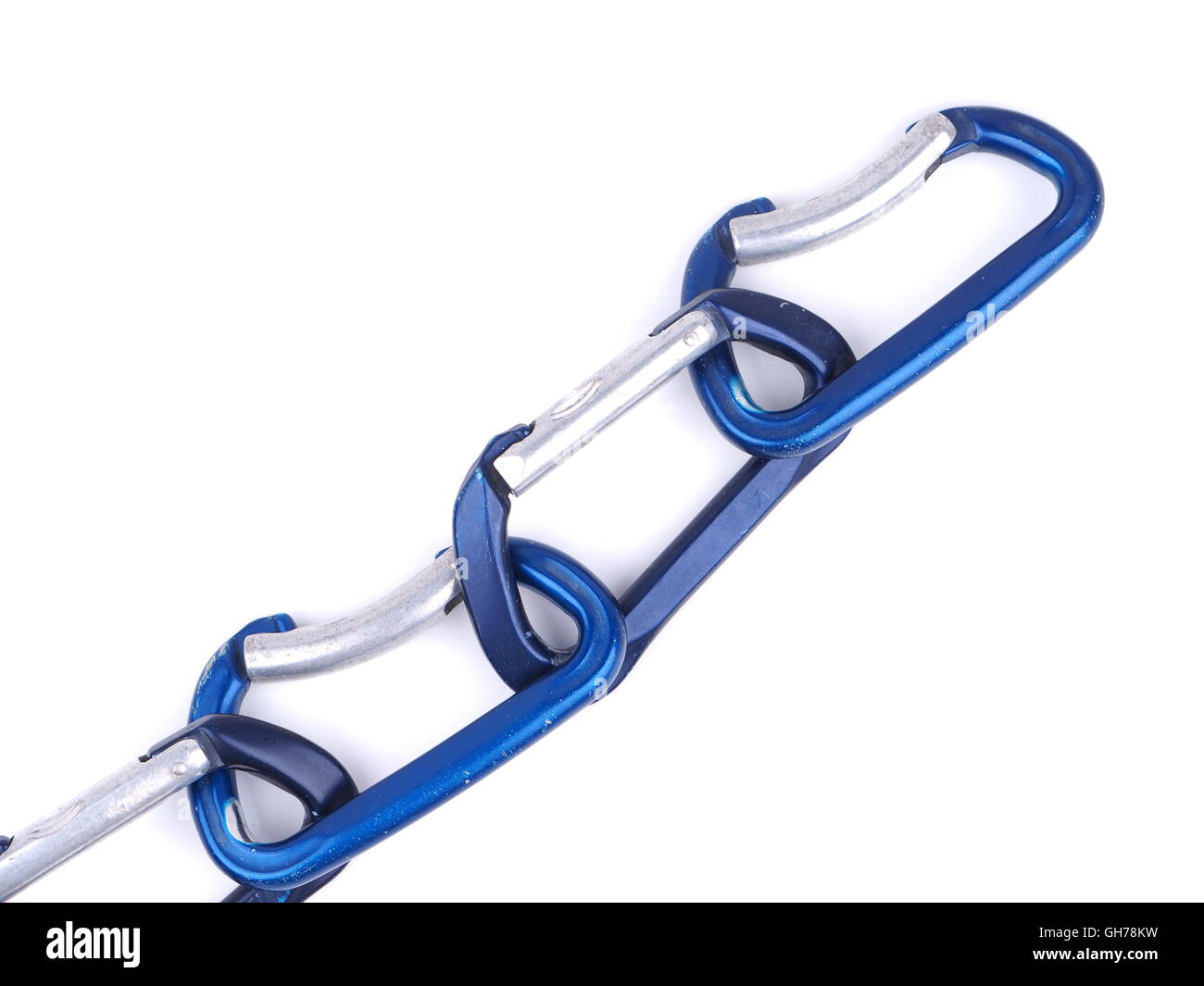 blue climbing carabiners on a white background Stock Photo - Alamy
