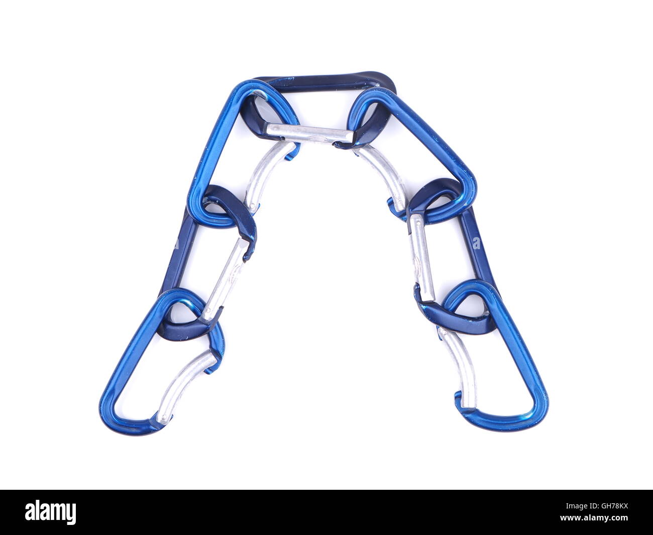 blue climbing carabiners on a white background Stock Photo - Alamy