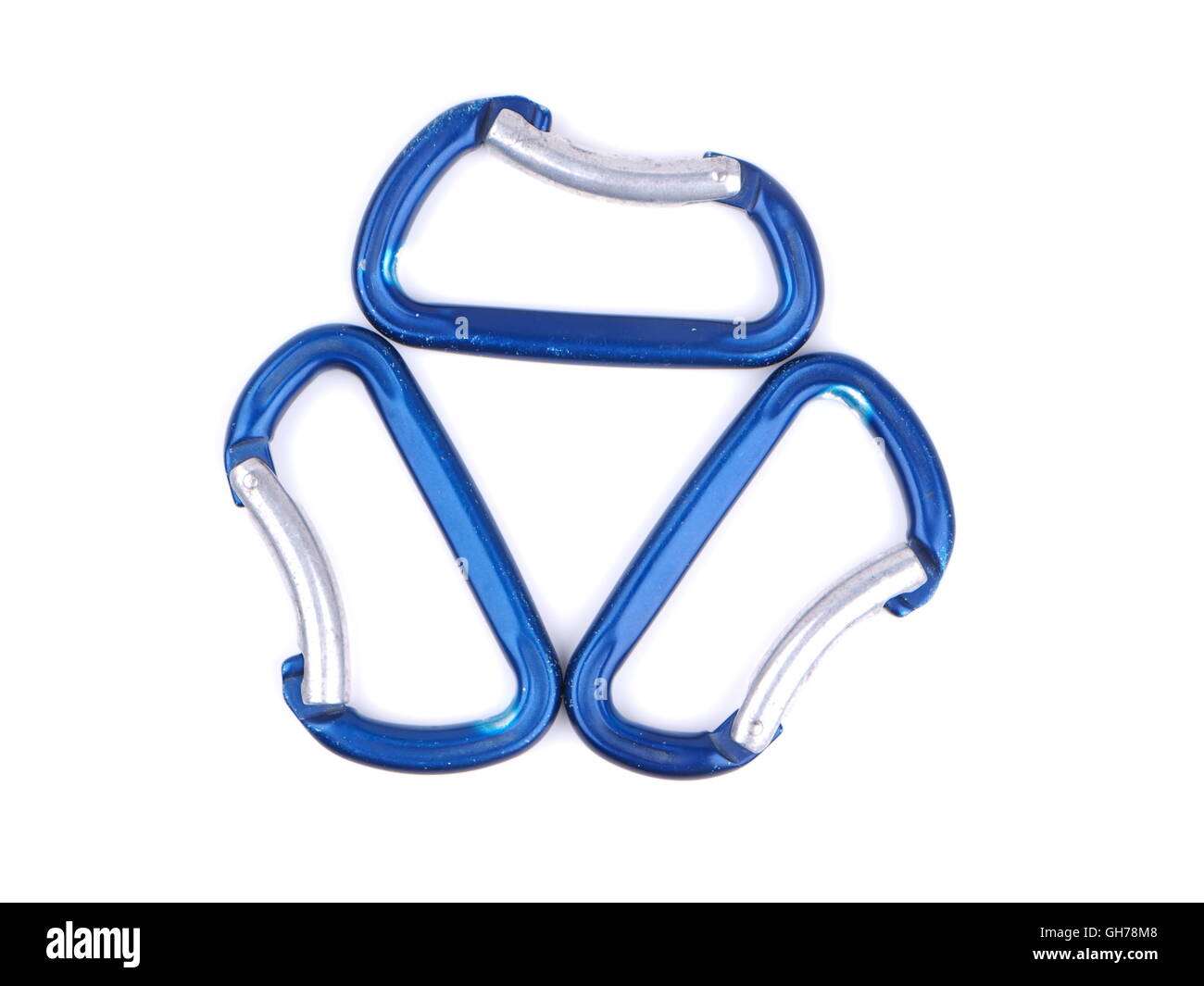blue climbing carabiners on a white background Stock Photo - Alamy
