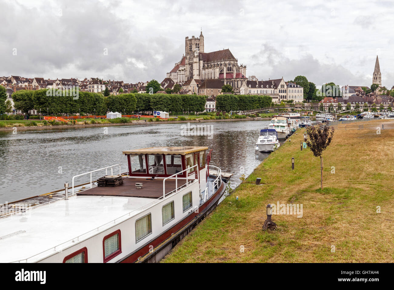 View of Auxerre, river Yonne and Abbey of Saint-Germain. Burgundy ...