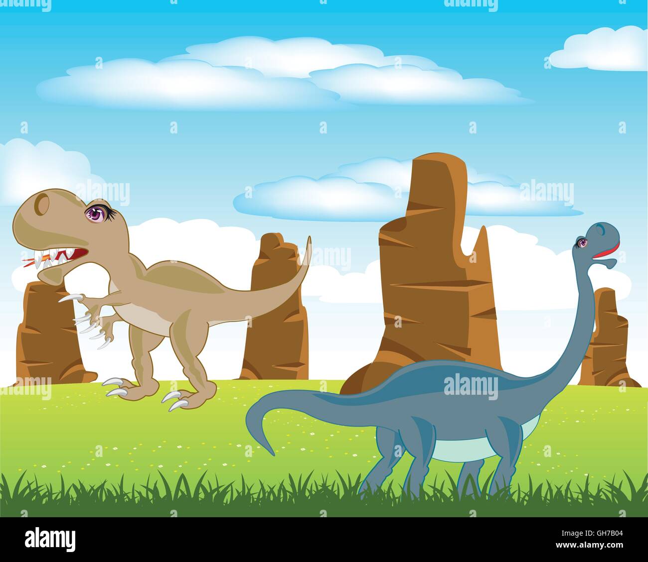 The Prehistorical animals dinosaurs on green meadow.Vector illustration ...