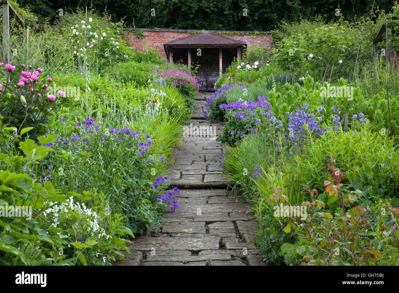 Wide summer border with path leading up to summerhouse ...