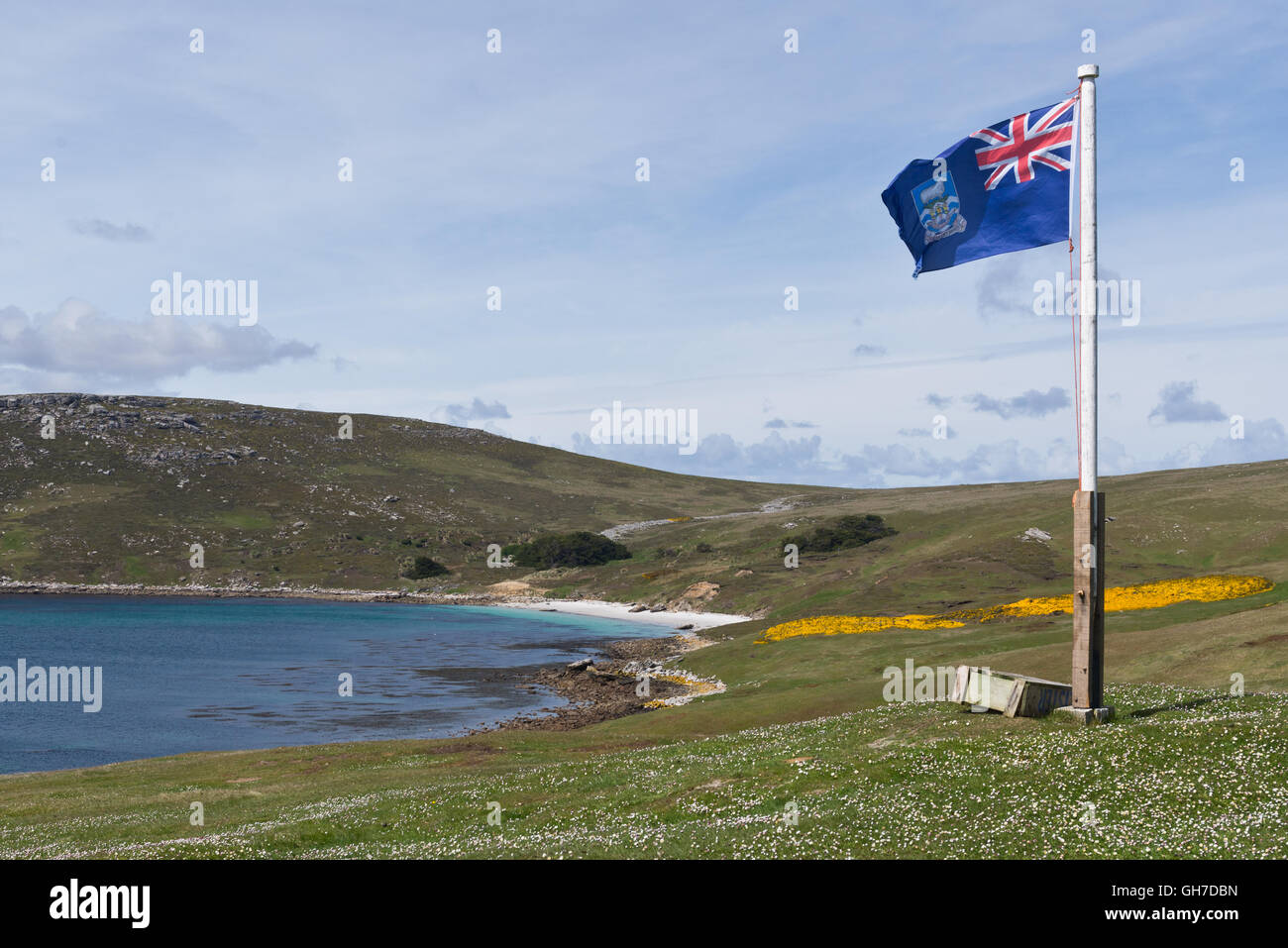 The Falklands flag flying on the hillside above the settlement on West ...