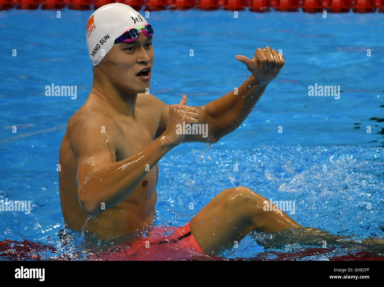 Rio de Janeiro, Brazil. 8th August, 2016. Sun Yang of China celebrates ...