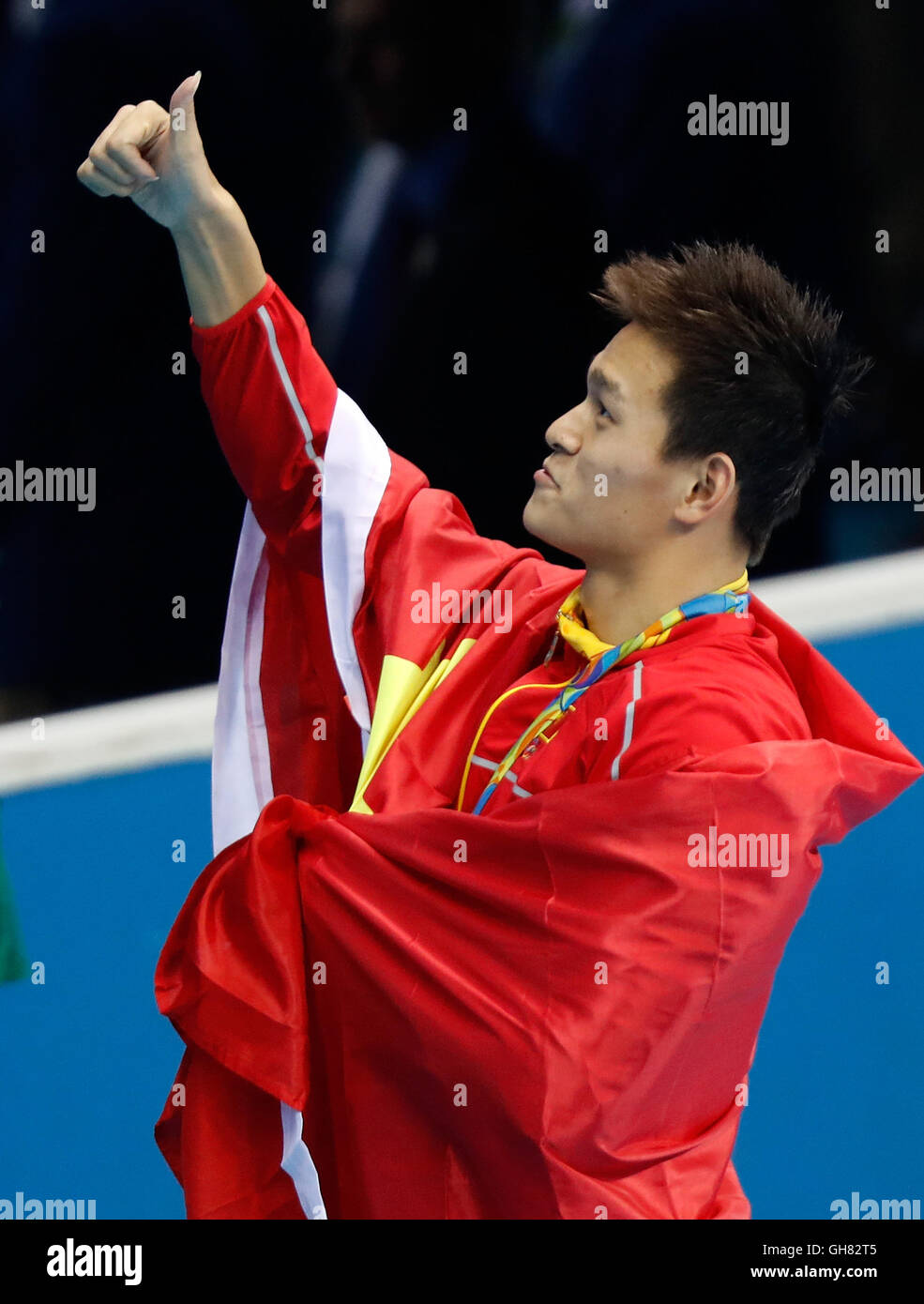 Rio de Janeiro, Brazil. 8th August, 2016. Sun Yang of China celebrates ...