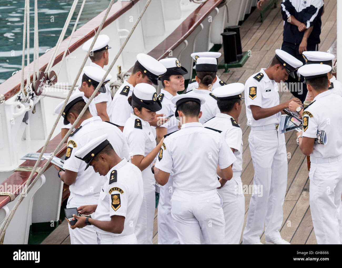 Crew climbing the rigging of Mexican navy training ship, Cuauhtemoc ...