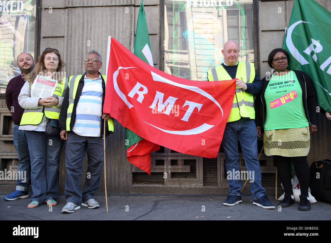 London, UK. 9 August 2016. Members of the RMT union on picket line ...