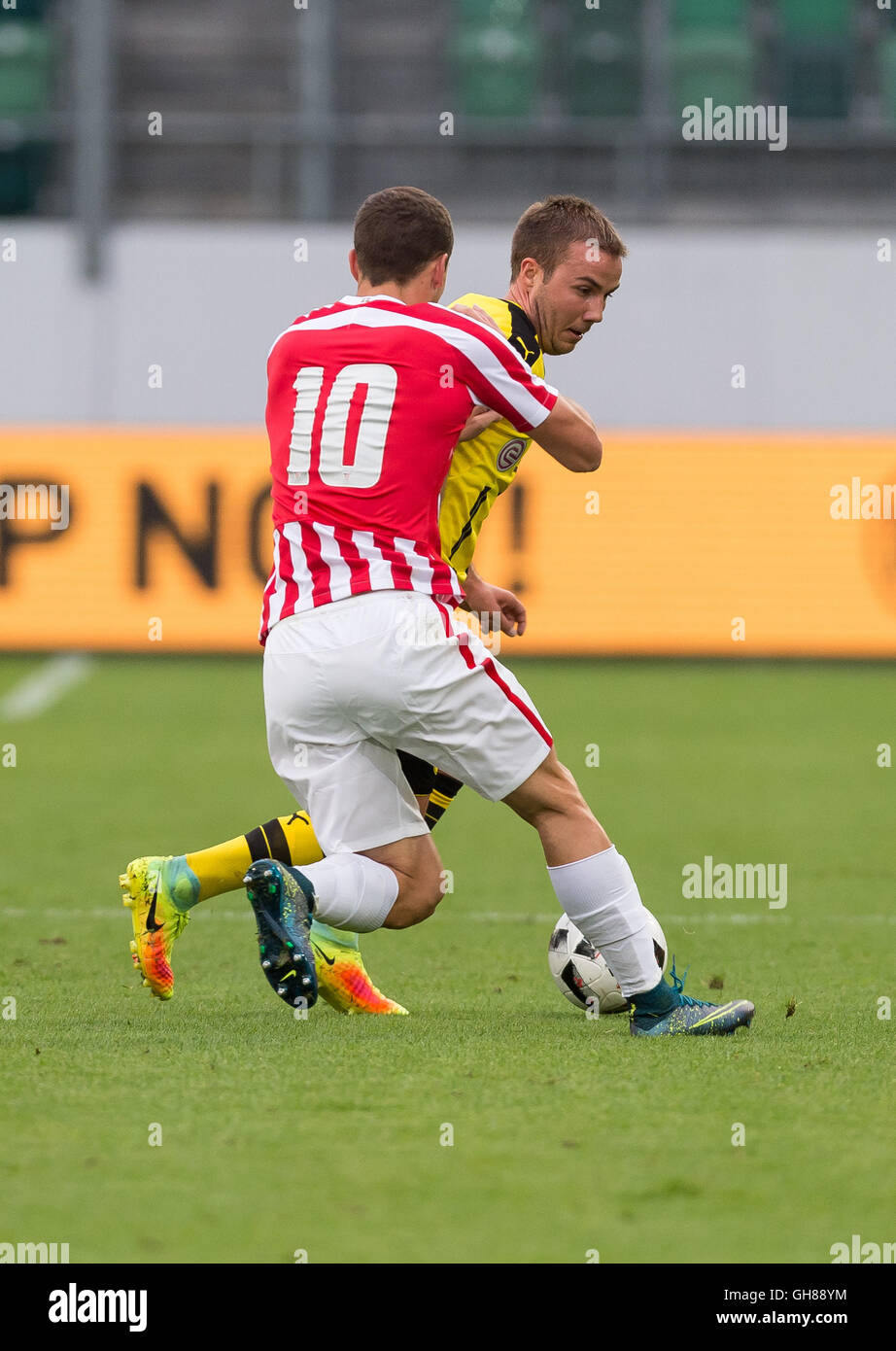 St. Gall, Switzerland. 9th Aug, 2016. Dortmund's Mario Goetze (r) and ...
