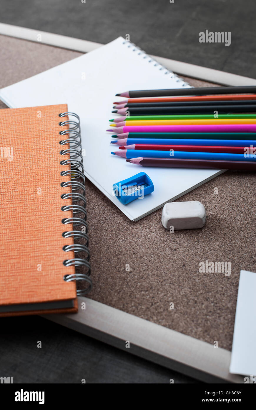School supplies on wooden background, close up Stock Photo - Alamy