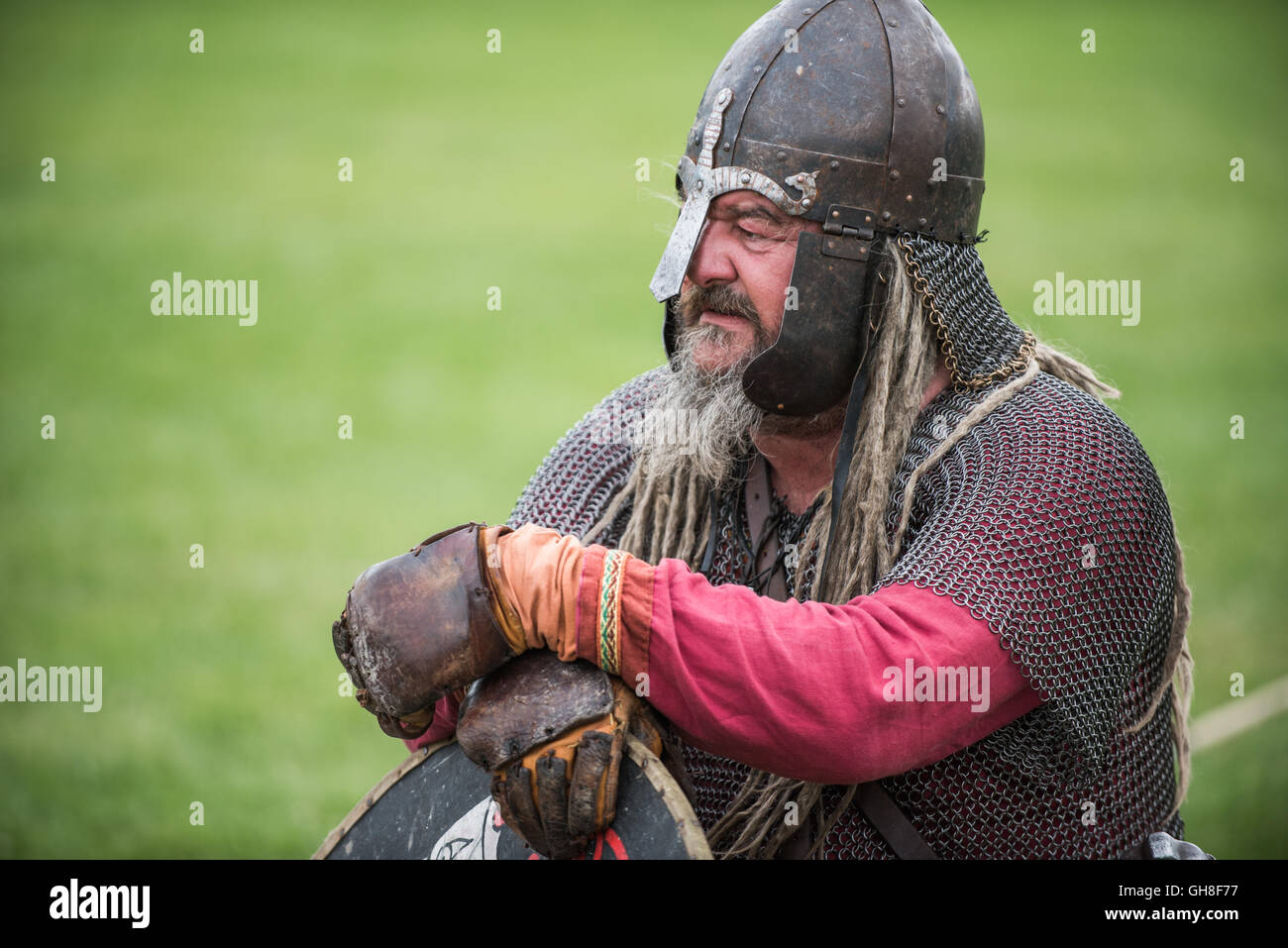 Viking battle re-enactment. group leader looks on Stock Photo - Alamy