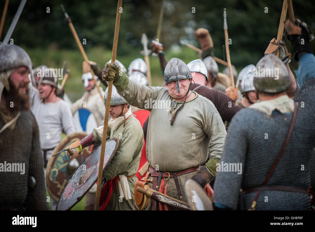 Viking battle re-enactment. Victory celebration Stock Photo - Alamy