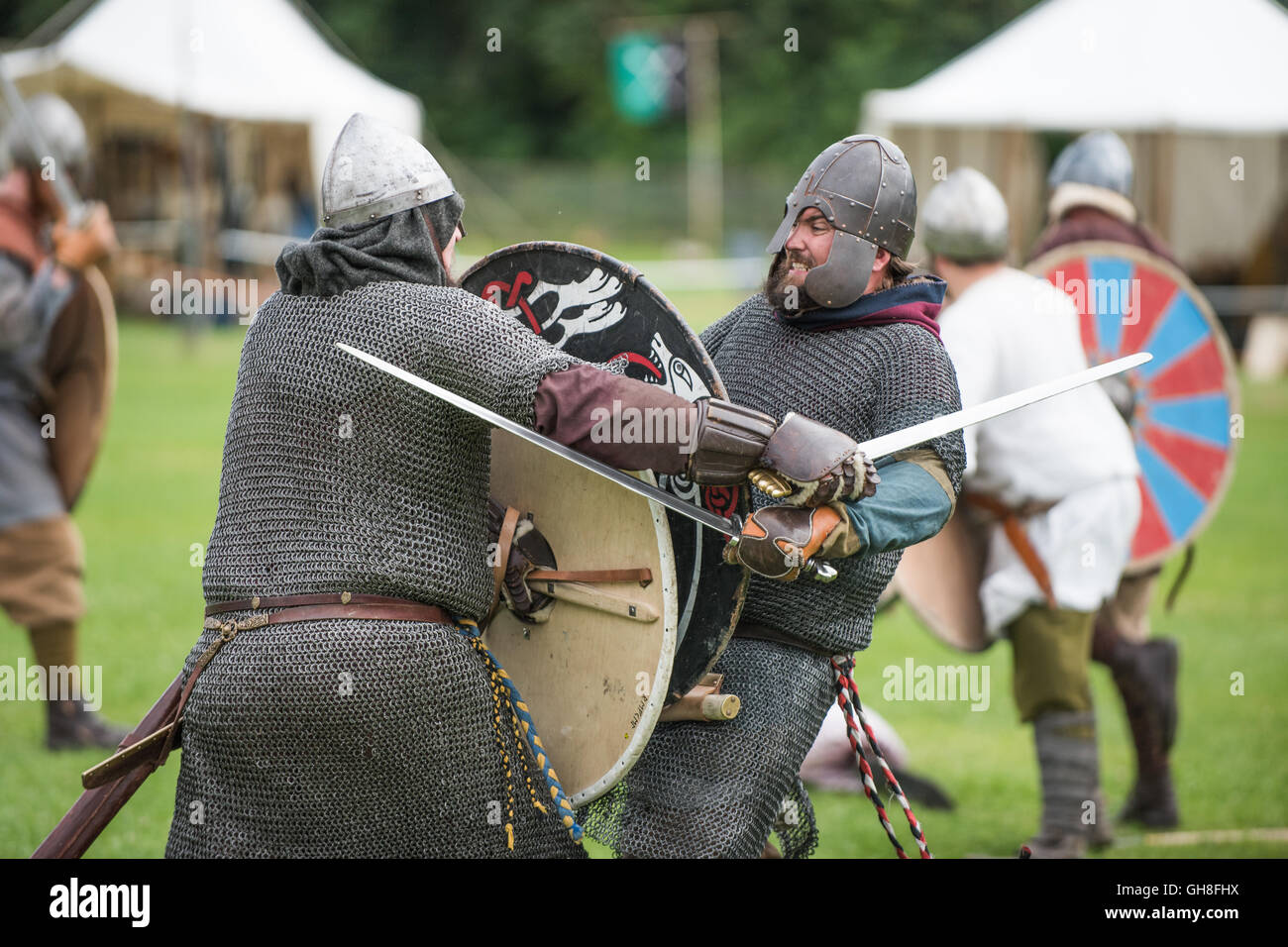 Viking battle re-enactment. Two warriors fight Stock Photo - Alamy