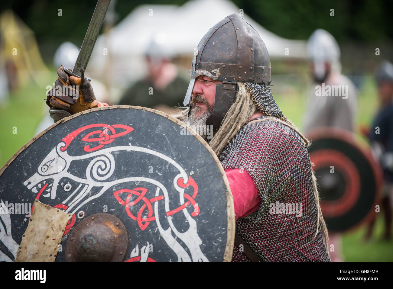 Viking battle re-enactment. Group leader attacks Stock Photo - Alamy