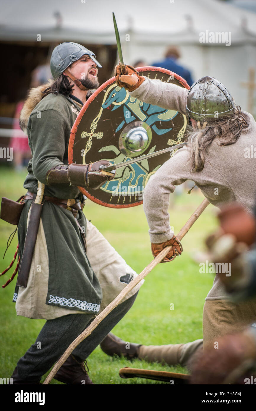 Viking re-enactment. Two warriors fight Stock Photo - Alamy