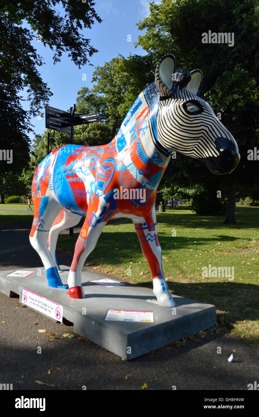 A painted zebra sculpture in Southampton East Park which is part of a ...
