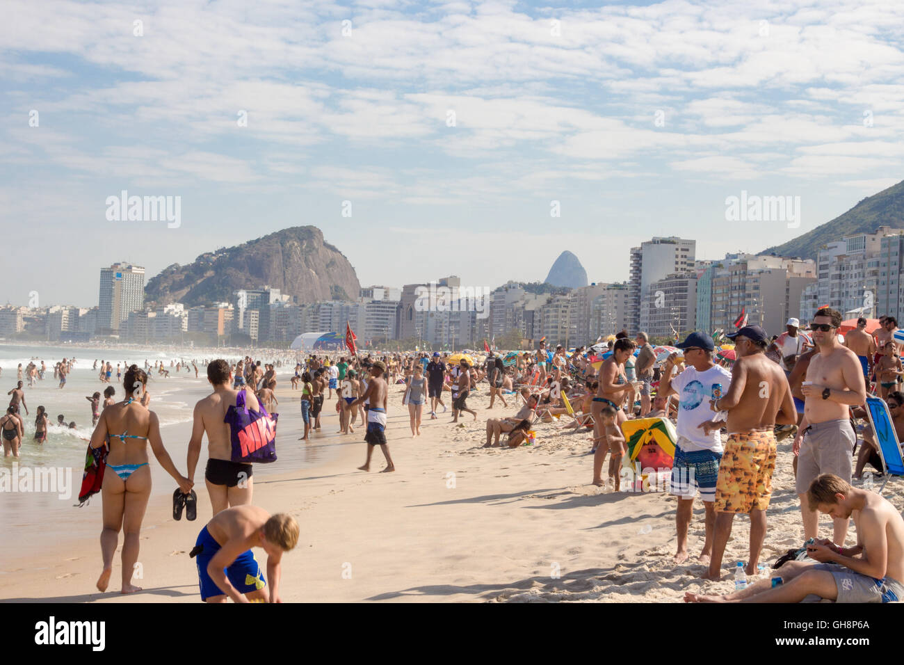 Brazil, Rio de Janeiro, Am crowded Copacabana beach during the 2016 Olympic Games Stock Photo ...