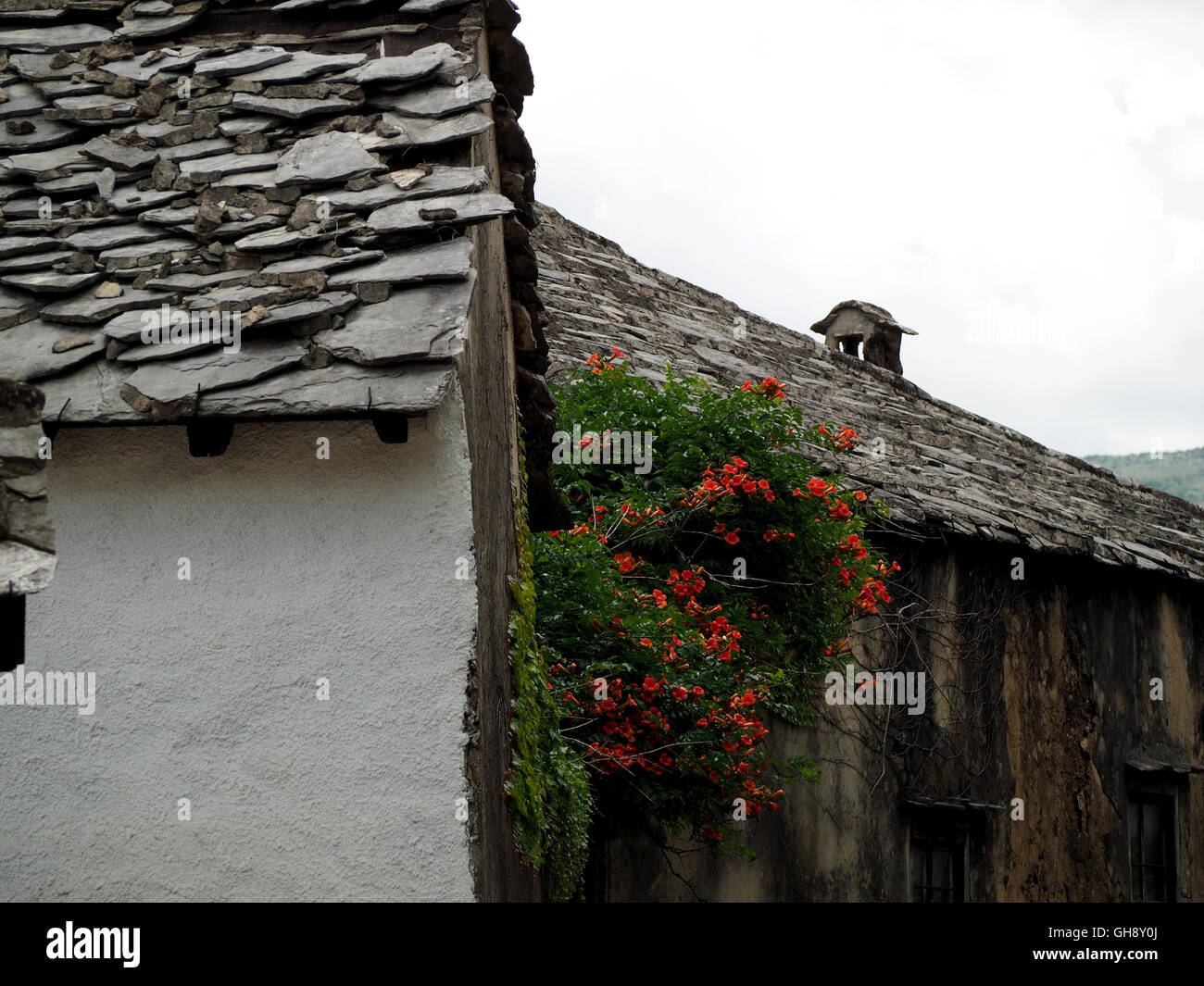 diagonal stone roof tiles and white wall of buildings showing typical ...