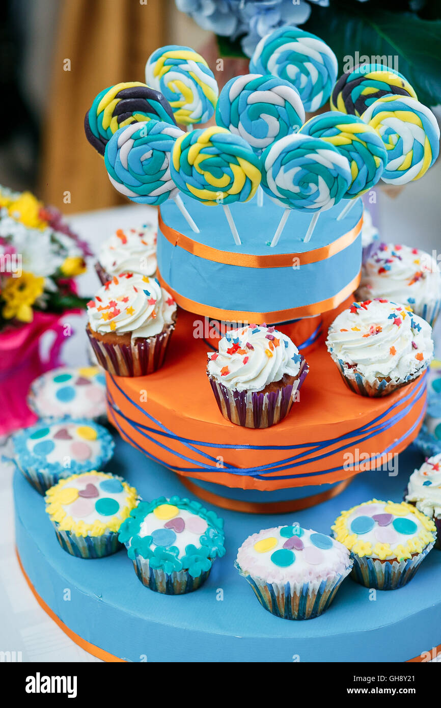 Candy bar blue. Table with sweets, candies, dessert Stock Photo - Alamy