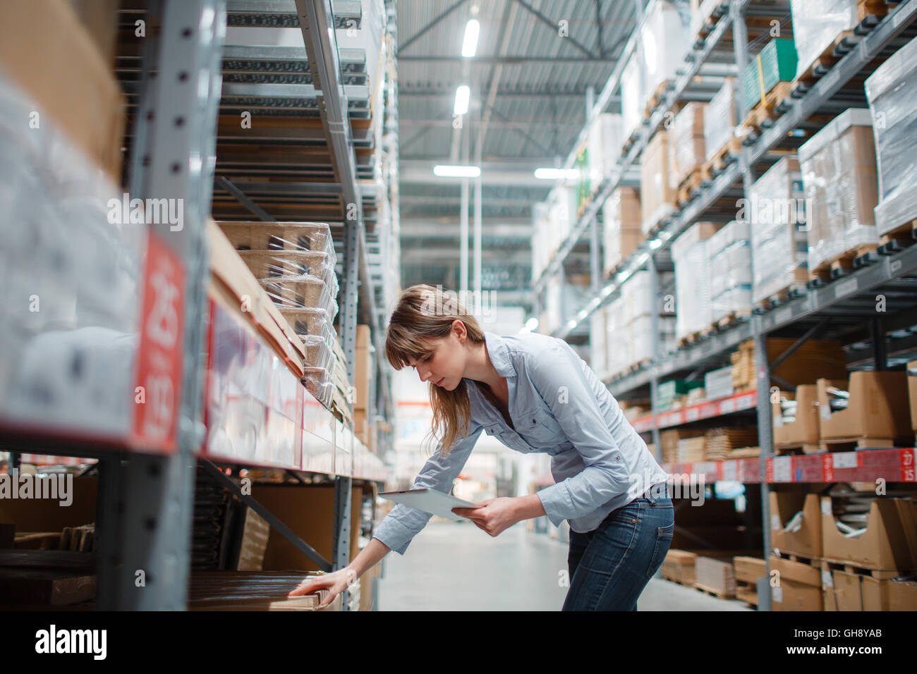 beautiful young hardware store worker stock taking Stock Photo - Alamy