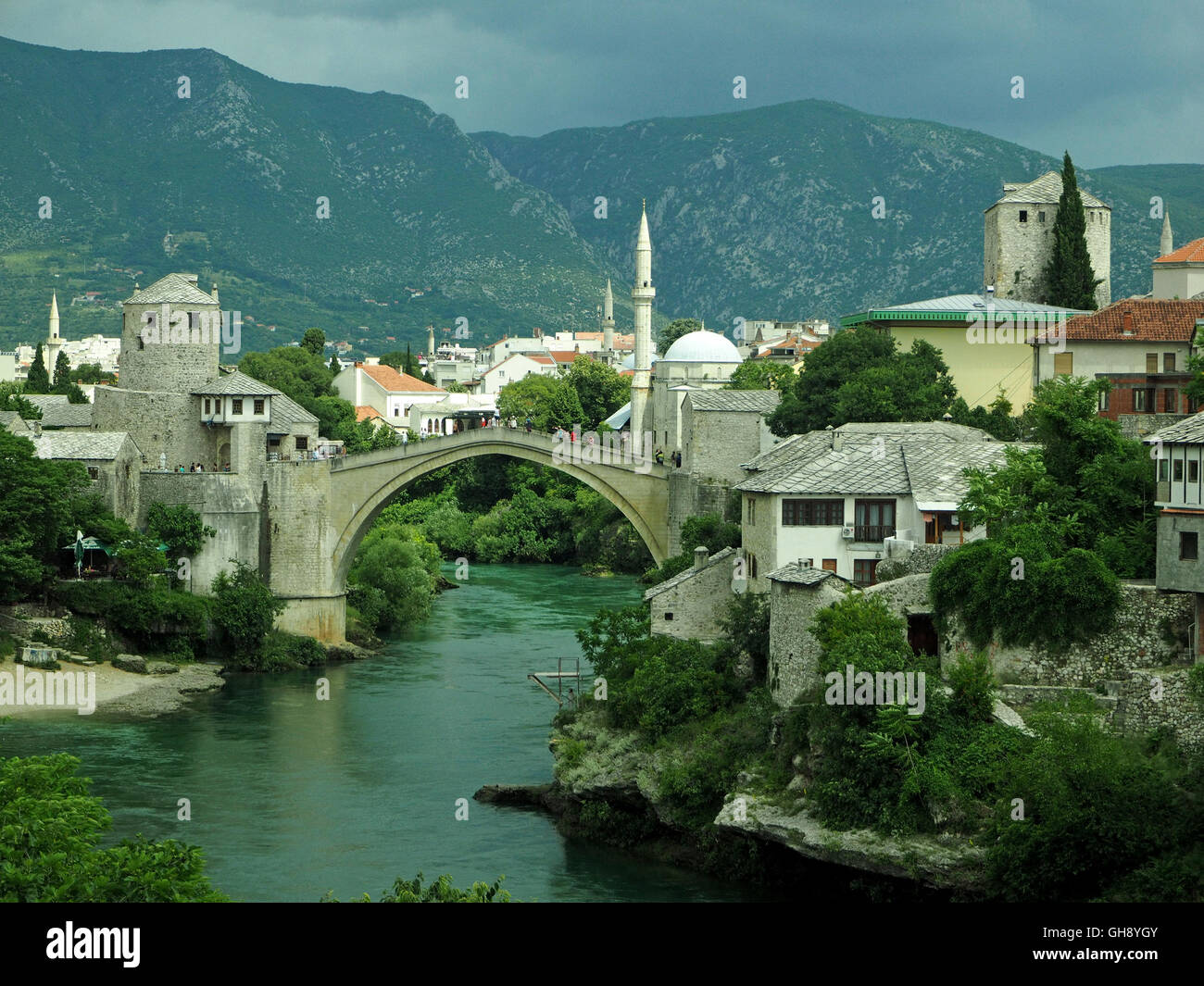 steep arch of stone-built ottoman Old Bridge Mostar from 1565 over ...