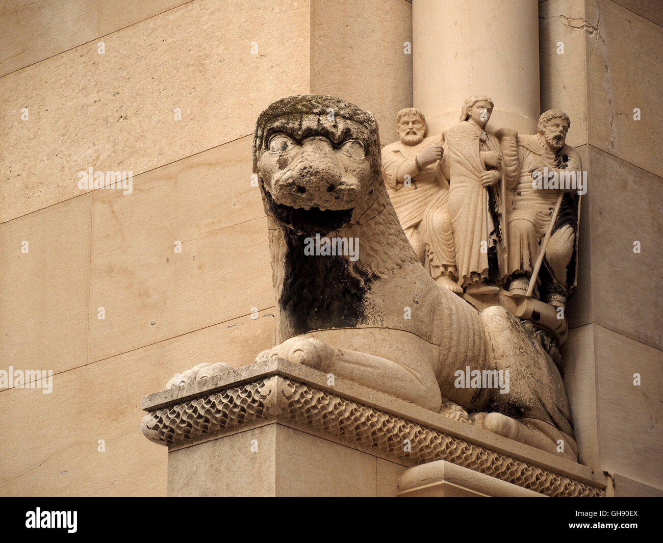 restored stonework featuring lion and saints at Roman Mausoleum ...