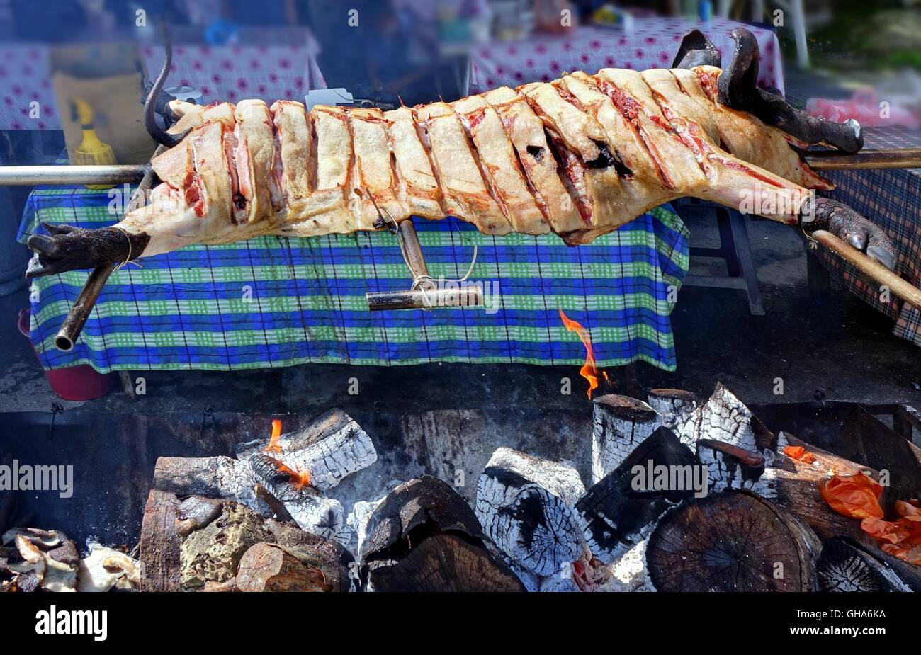Traditional black-haired pig barbecue in Taiwan mountain village Stock ...