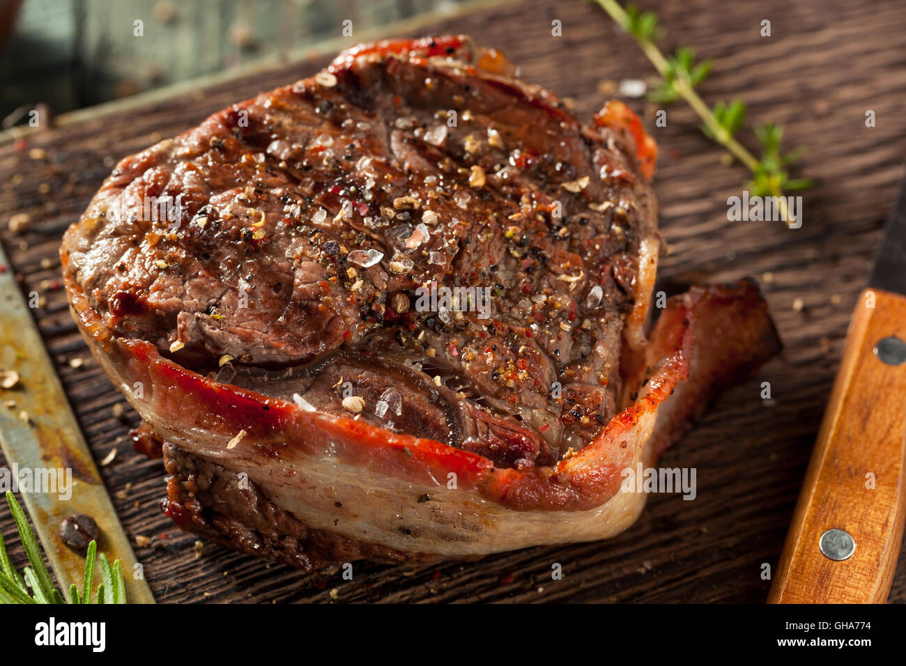 Organic Grass Fed Bacon Wrapped Sirloin Steak with Herbs Stock Photo ...