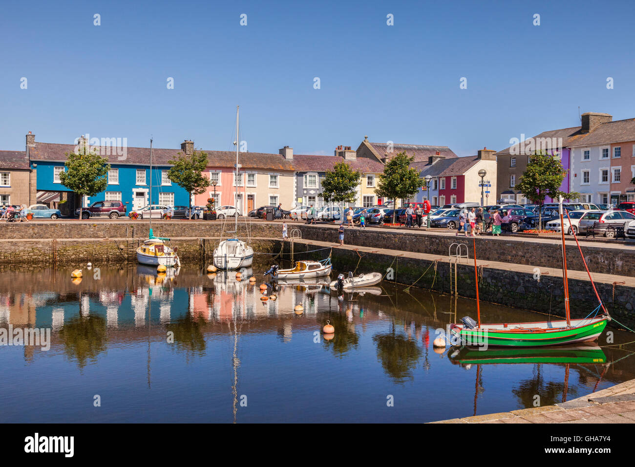 Reflections in the harbour at Aberaeron, Ceredigion, Wales, UK Stock ...