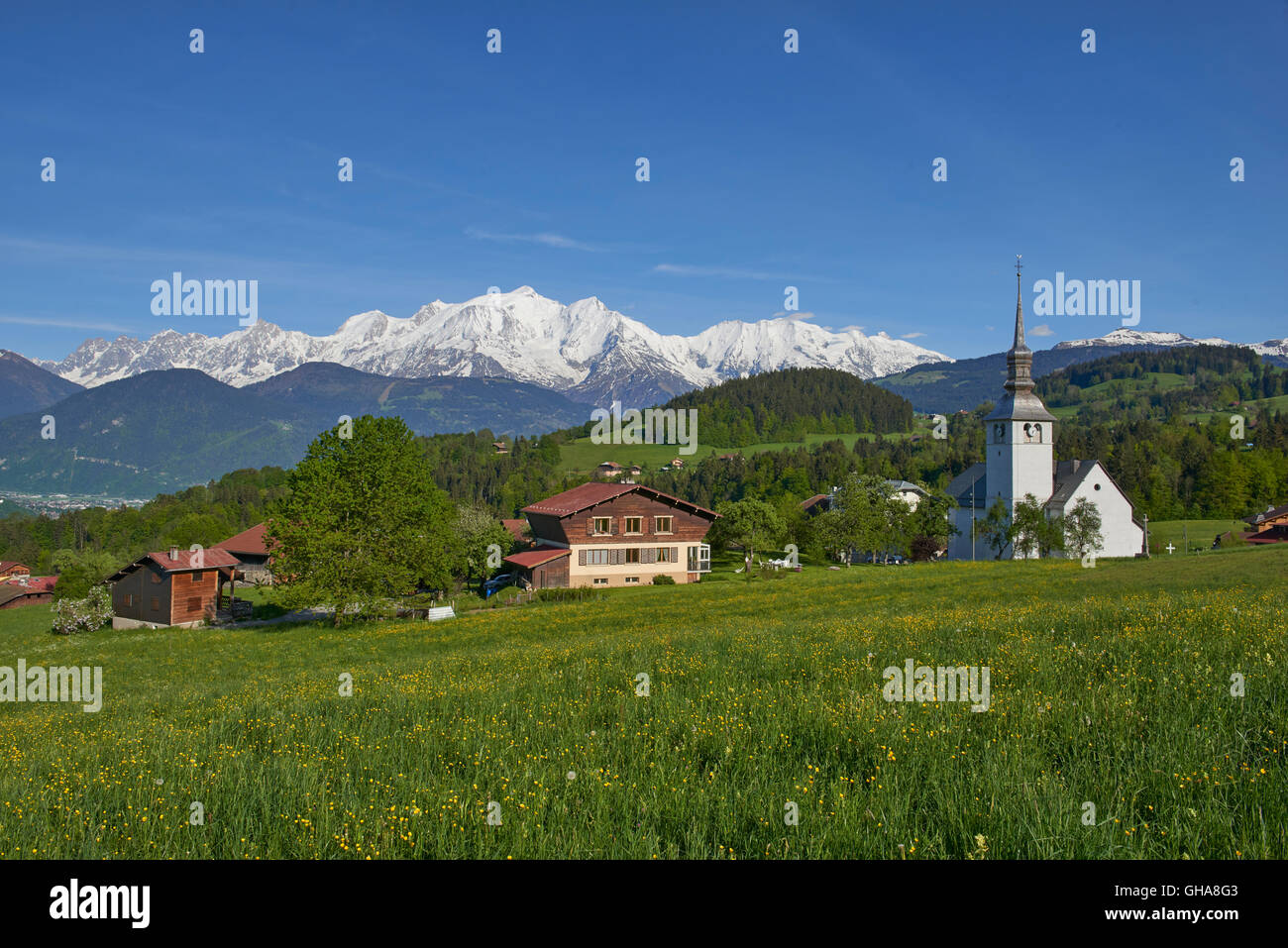 geography / travel, France, Cordon village, in summer with Mont-Blanc ...