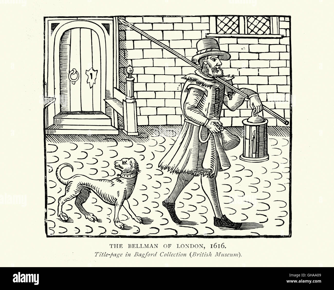Woodcut showing a Bellman (Town crier) of London, early 17th Century ...