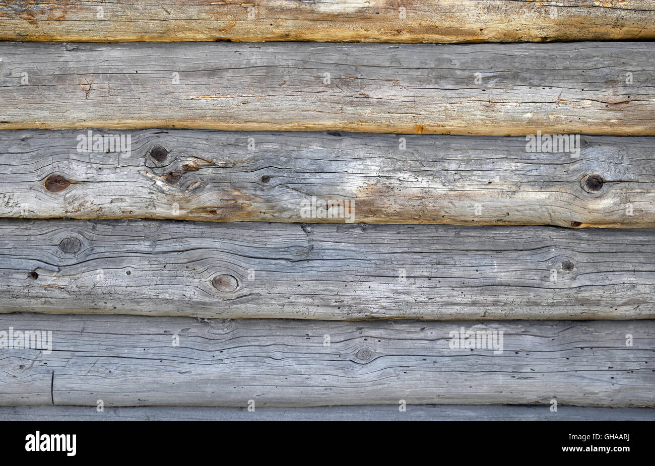 Old antique unpainted wooden vintage cracked pale logs wall of ...