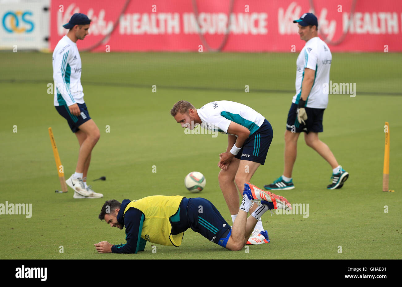 England's James Anderson (bottom) and Stuart Broad during a nets ...