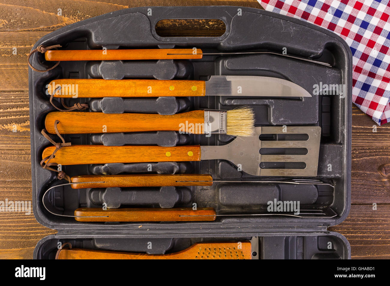 Stainless steel barbecue cooking set with wood handles Stock Photo - Alamy