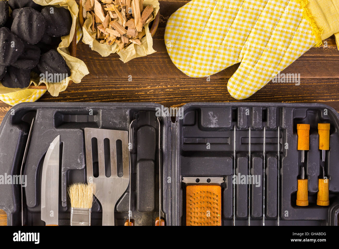 Stainless steel barbecue cooking set with wood handles Stock Photo - Alamy