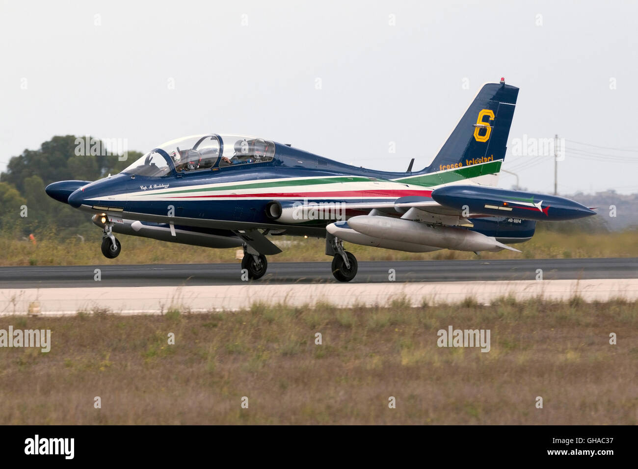 Italian Air Force Aermacchi MB-339PAN landing in Malta, runway 31. This ...