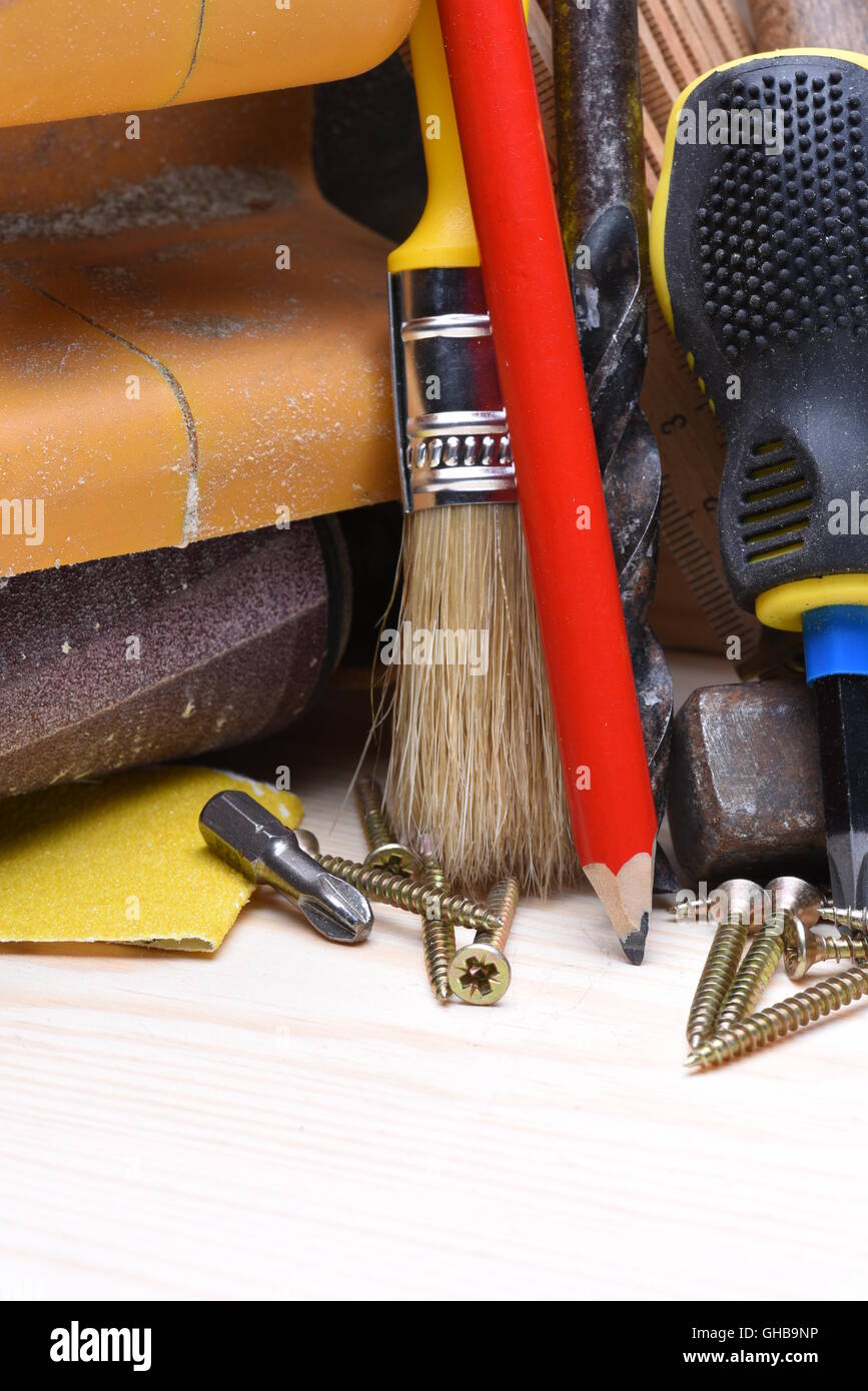 Work tools on wooden table Stock Photo - Alamy
