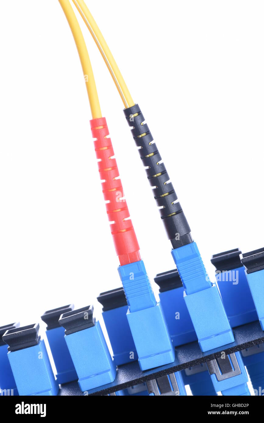 Fiber optical network cable with optical distribution frame isolated on ...