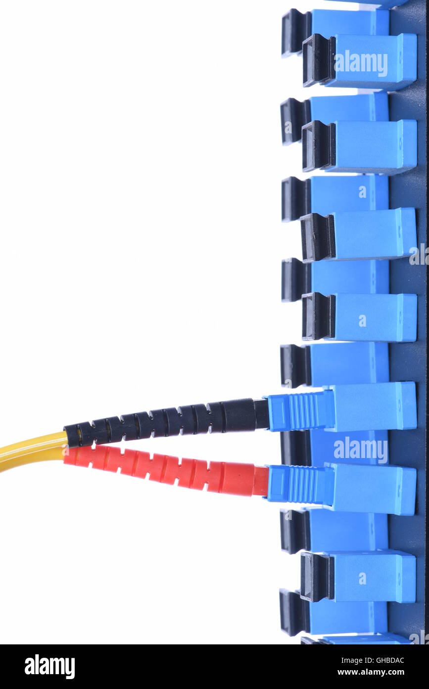 Fiber optical network cable with optical distribution frame isolated on ...
