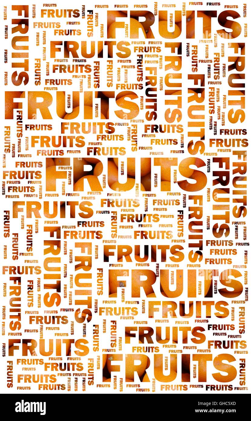 Fruits text written with pictures of oranges background Stock Photo - Alamy