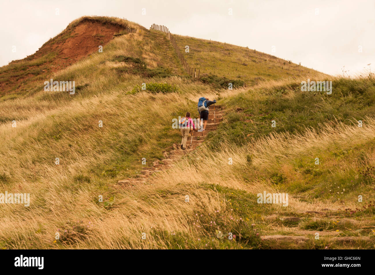 A male and female hikers climbing the steep hills on the Cleveland Way ...