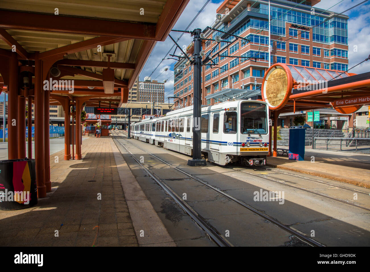 Erie Canal Harbor stop on Buffalo Metro Rail public transit rail system ...