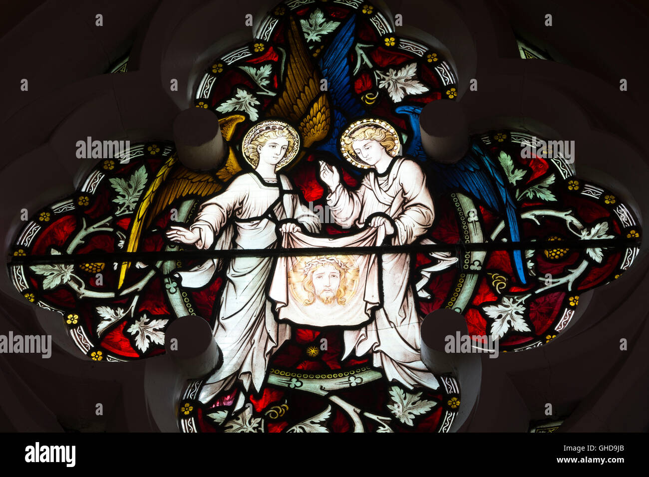 Angels with shroud stained glass, St. Peter and St. Paul Church, Water ...