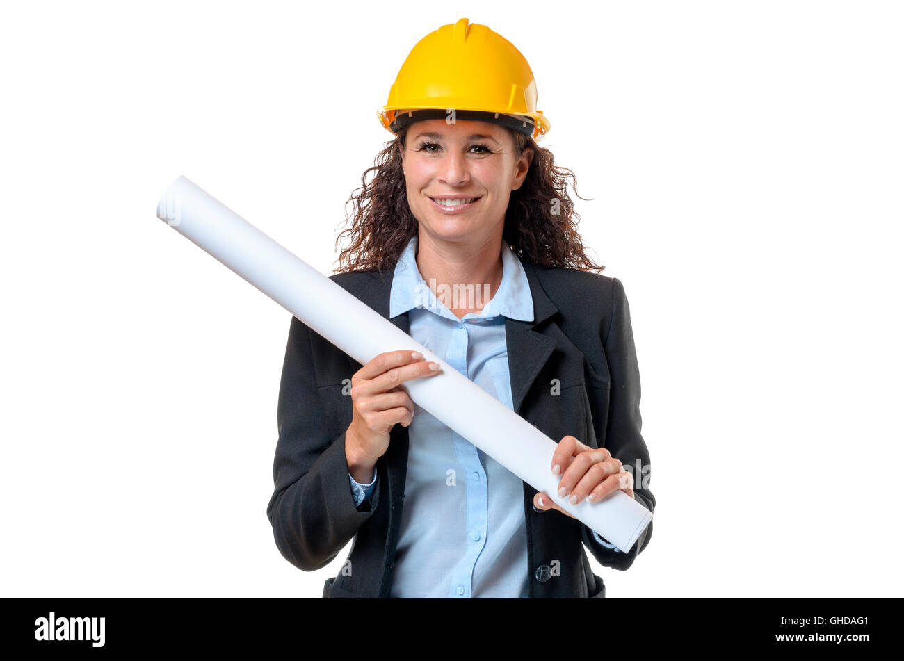 Happy confident young female architect or structural engineer wearing a ...