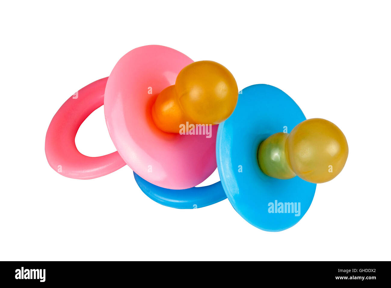 Isolated pair of baby pacifier dummies in blue and pink on white ...