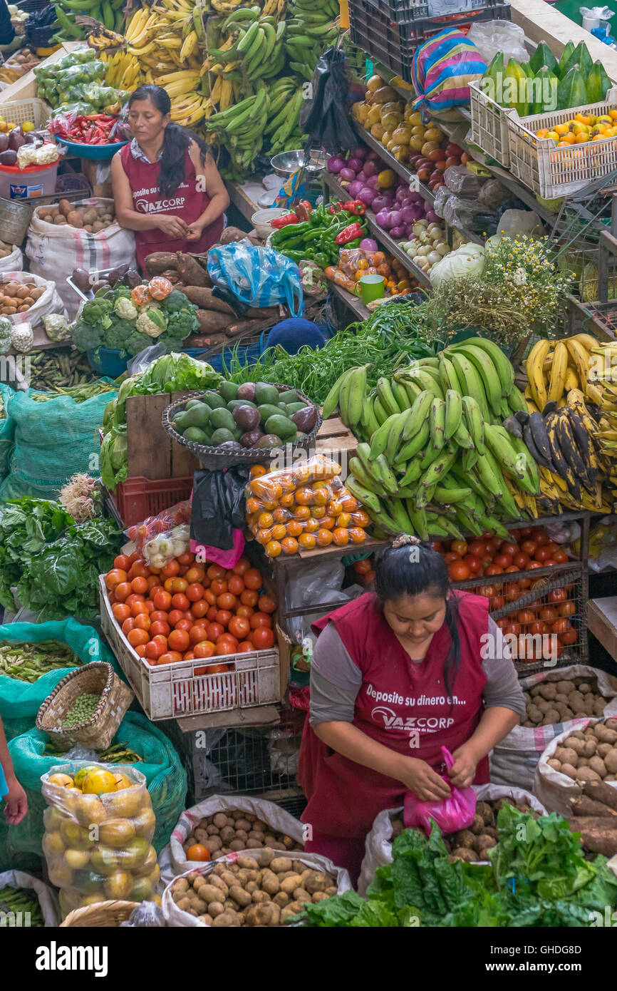 AZUAY, ECUADOR, OCTOBER - 2015 - High angle view of food street market ...