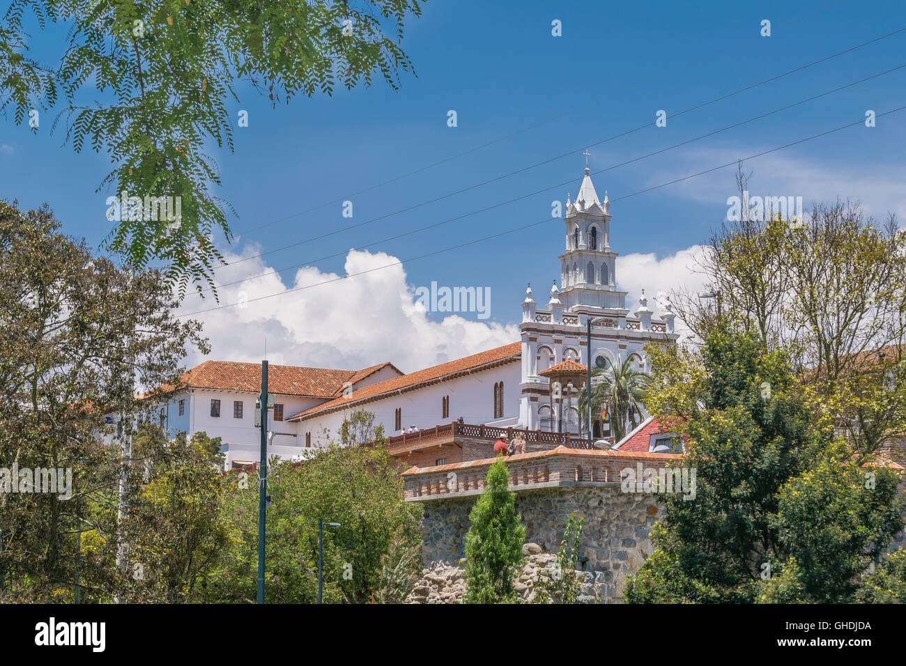 Low angle view of elegant old style eclectic buildings at Cuenca ...