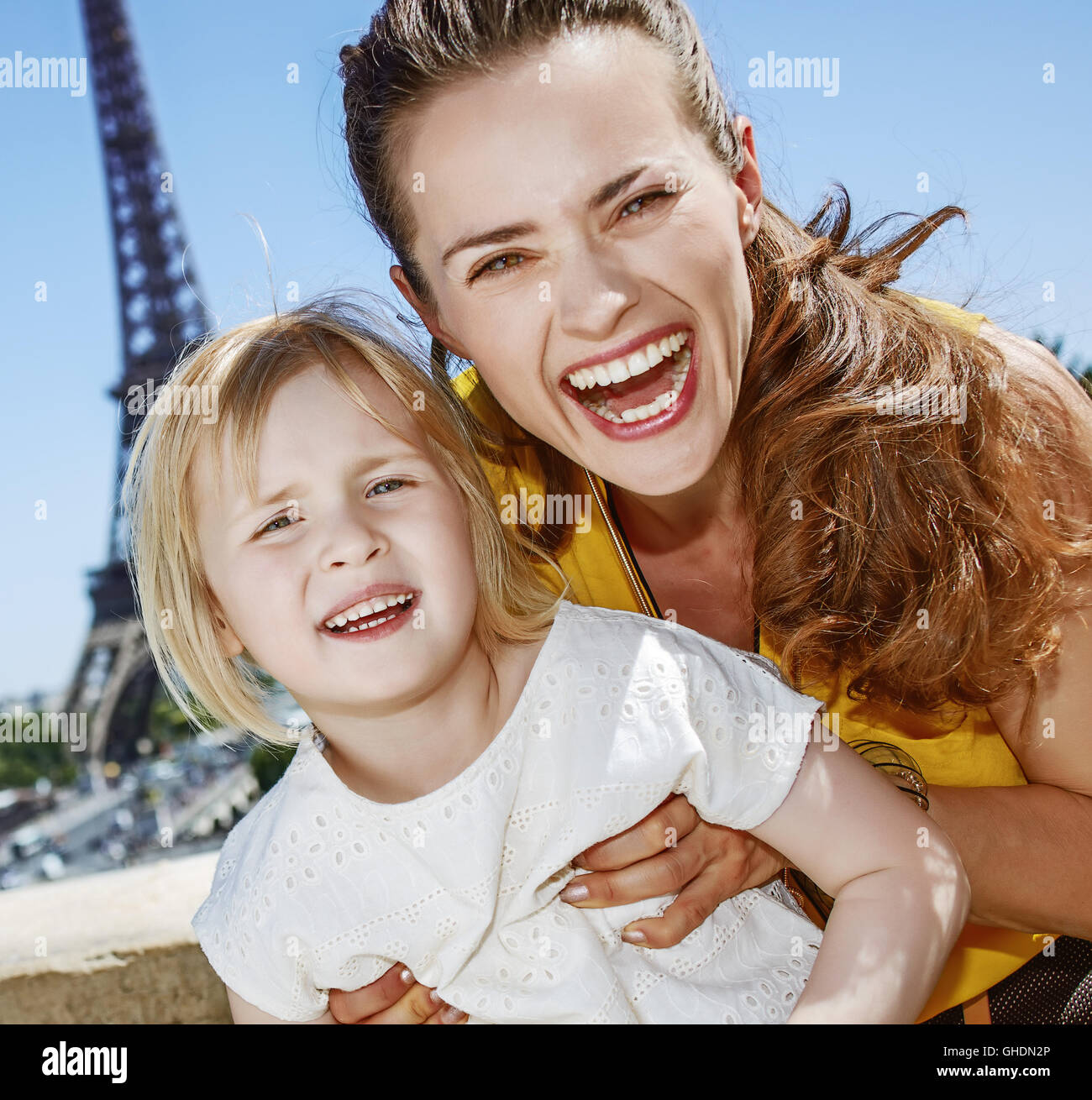 Having fun time near the world famous landmark in Paris. Portrait of ...