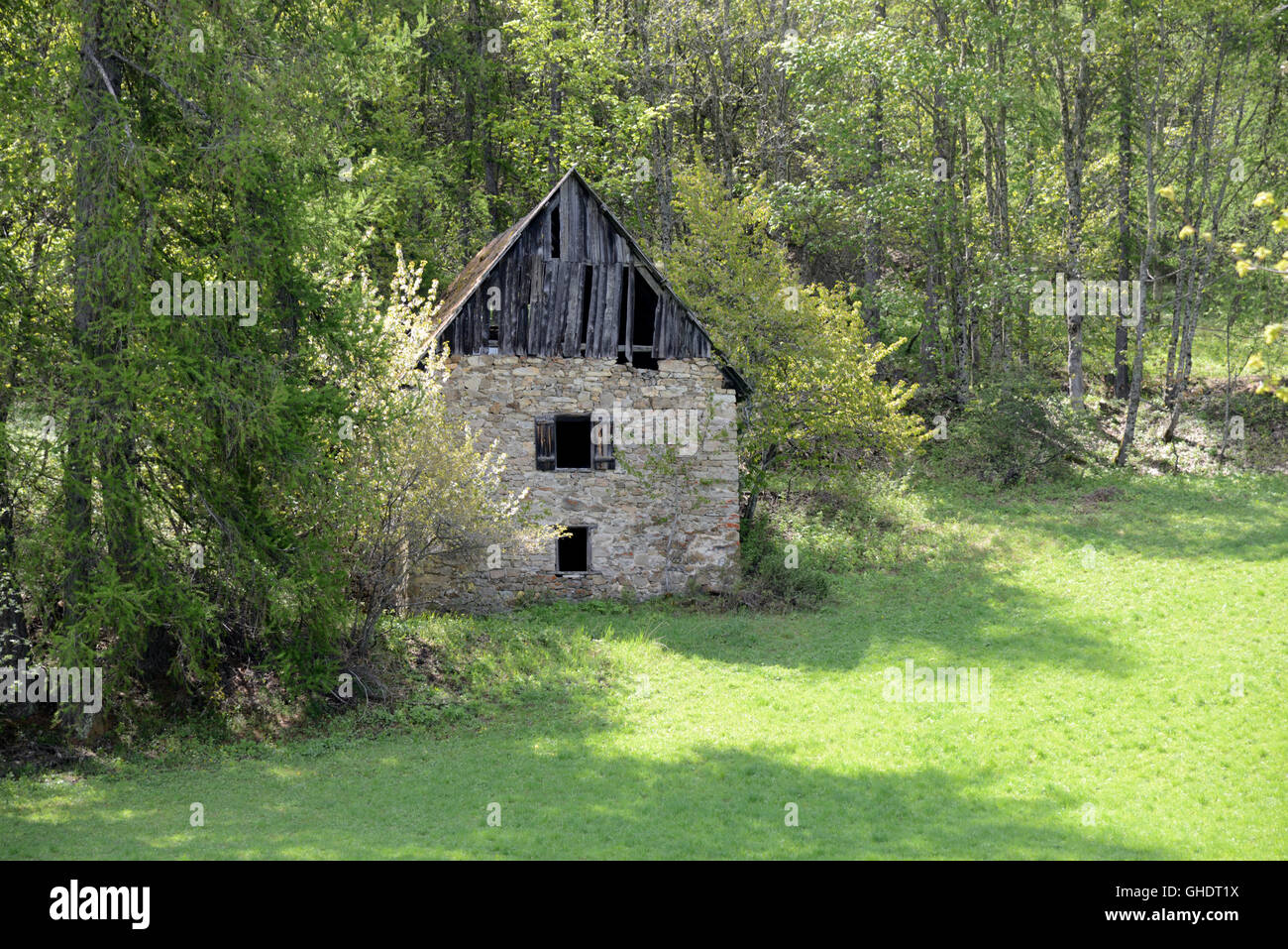 Ruined or Abandoned Stone & Timber Alpine Chalet in the Forest near ...
